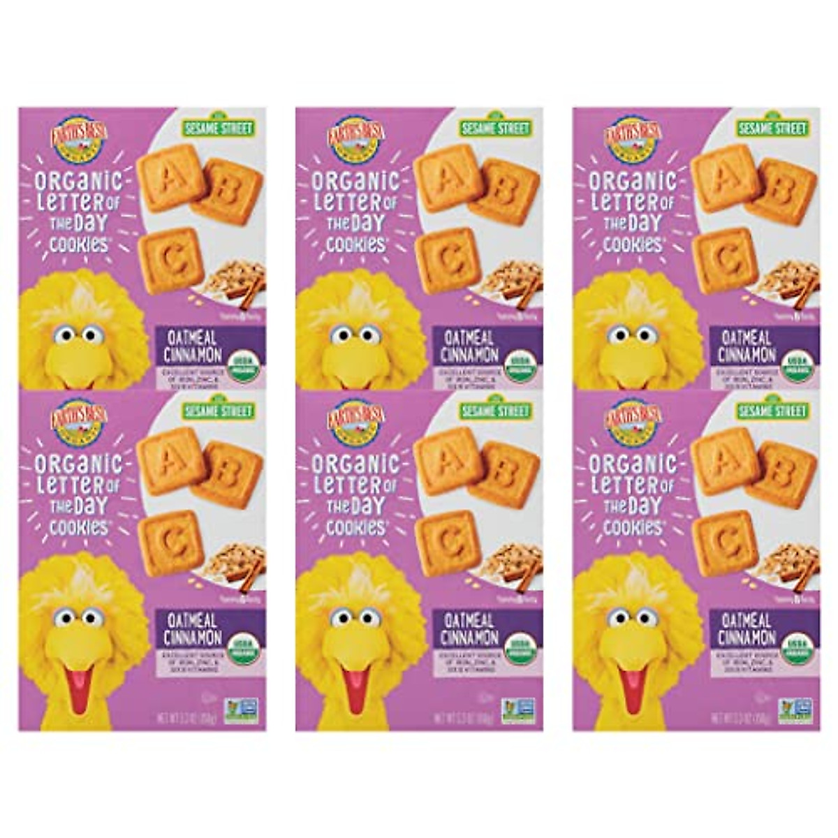 Earth's Best Organic Kids Snacks, Sesame Street Toddler Snacks, Organic Letter of the Day Cookies for Toddlers 2 Years and Older, Oatmeal Cinnamon, 5.3 oz Box (Pack of 6)
