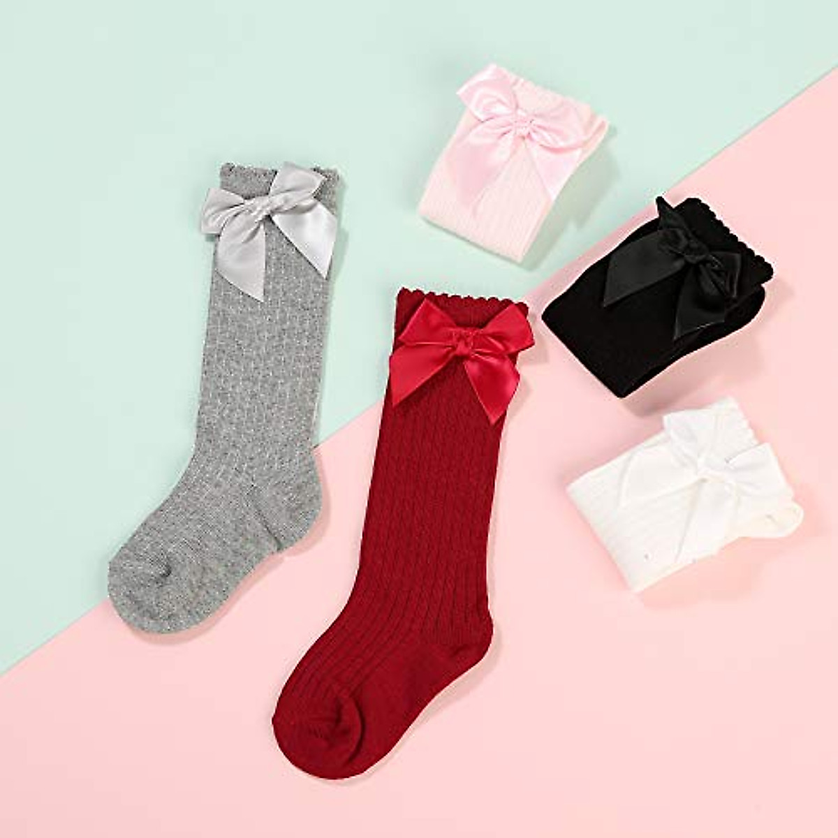 BSMTEBN 5Pairs Baby Kids Cotton Soft Breathable Knee-High Over Calf Socks Girls Striped Bowknot Bow Cute School Socks Infant Newborn Leg Warmers Stockings (M(2-4 Years))