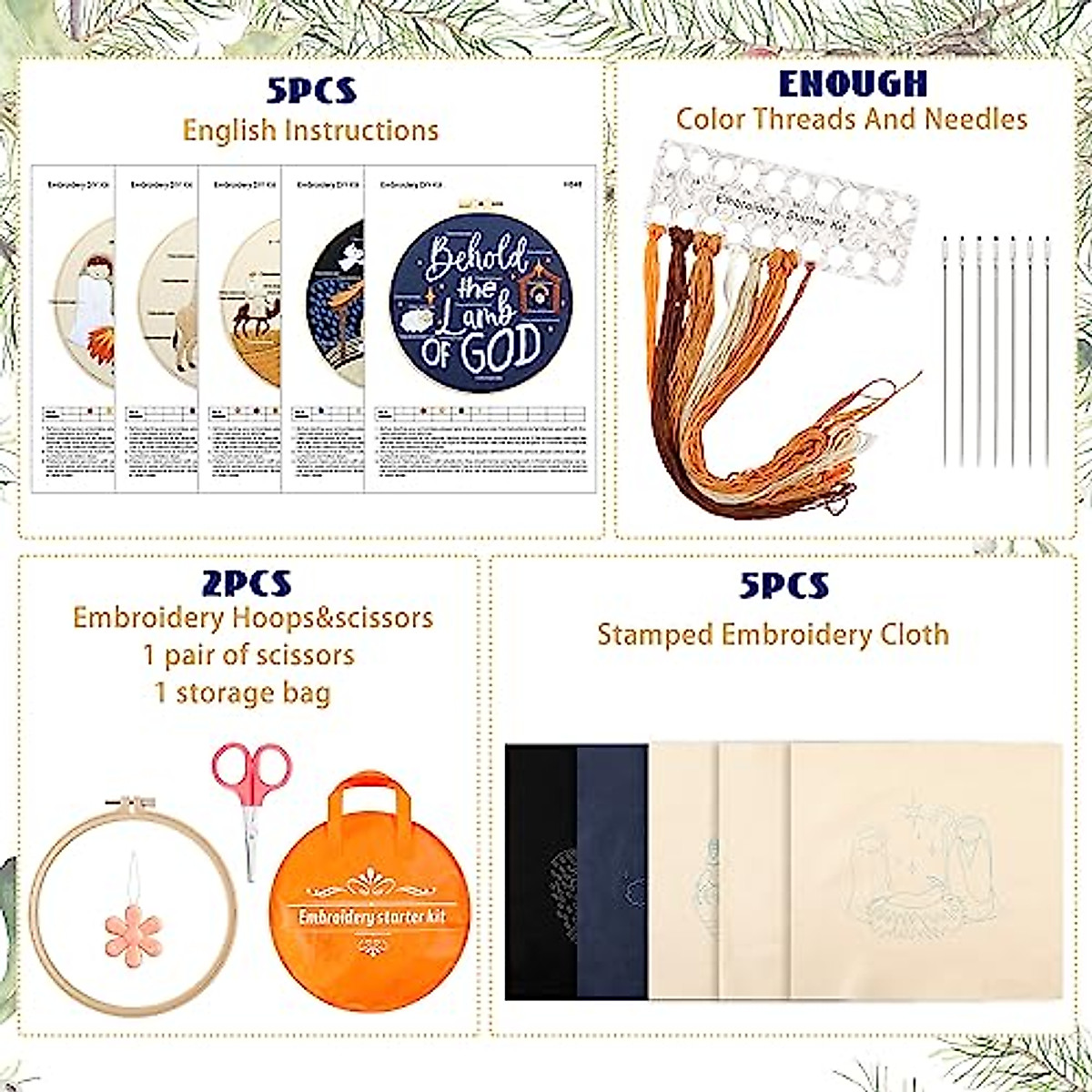 Tigeen 5 Sets Embroidery Starter Kit for Beginners Adults Kids Cross Stitch Embroidery Kit for Christian Christmas with Instructions Embroidery Hoops Needles Colored Threads Needle Threader (Jesus)