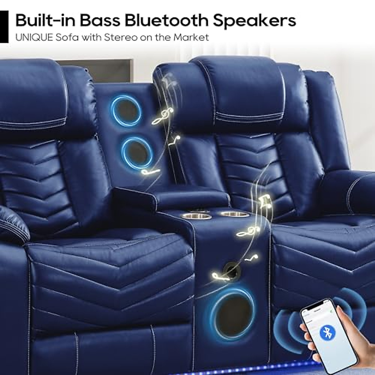 Manual Recliner Sofa Set 3 Piece with Wireless Charger for Living Room,Leather 3 Seater Reclining Couch with Bass Speaker and Loveseat Theater Seating,Home Electric Recliner Chair with LED Light,Blue