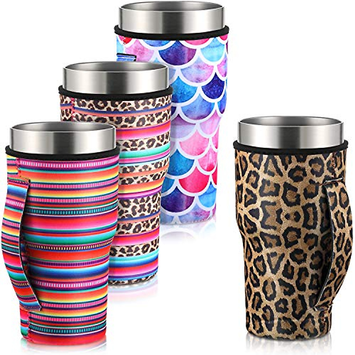 4 Pieces Coffee Cup Sleeve Reusable Neoprene Insulated Sleeves Cup Cover Holders Drinks Sleeve Holder for 30-32 oz Cold Hot Beverages, 4 Styles