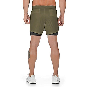 BOOMLEMON Men's 2-in-1 Running Workout Shorts Gym Training Athletic Short Pants with Towel Loop(Army Green M)