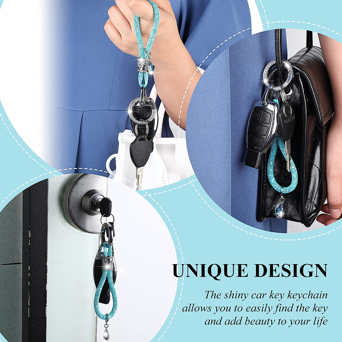 Frienda 1 Piece Crystal Bling Car Keychain for Women Glitter Rhinestone Ring Strap Fob Car Key Chains DIY Crafts (Lake Blue)