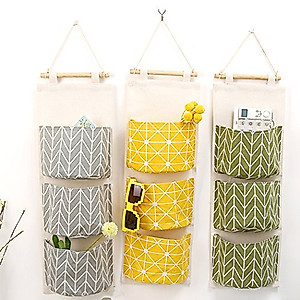 3Pcs Wall Hanging Storage Bag, Creatiee Waterproof Over The Door Closet Organizer Linen Farbric Hanging Pocket Organizer with 3 Remote-Sized Width Pockets for Bedroom