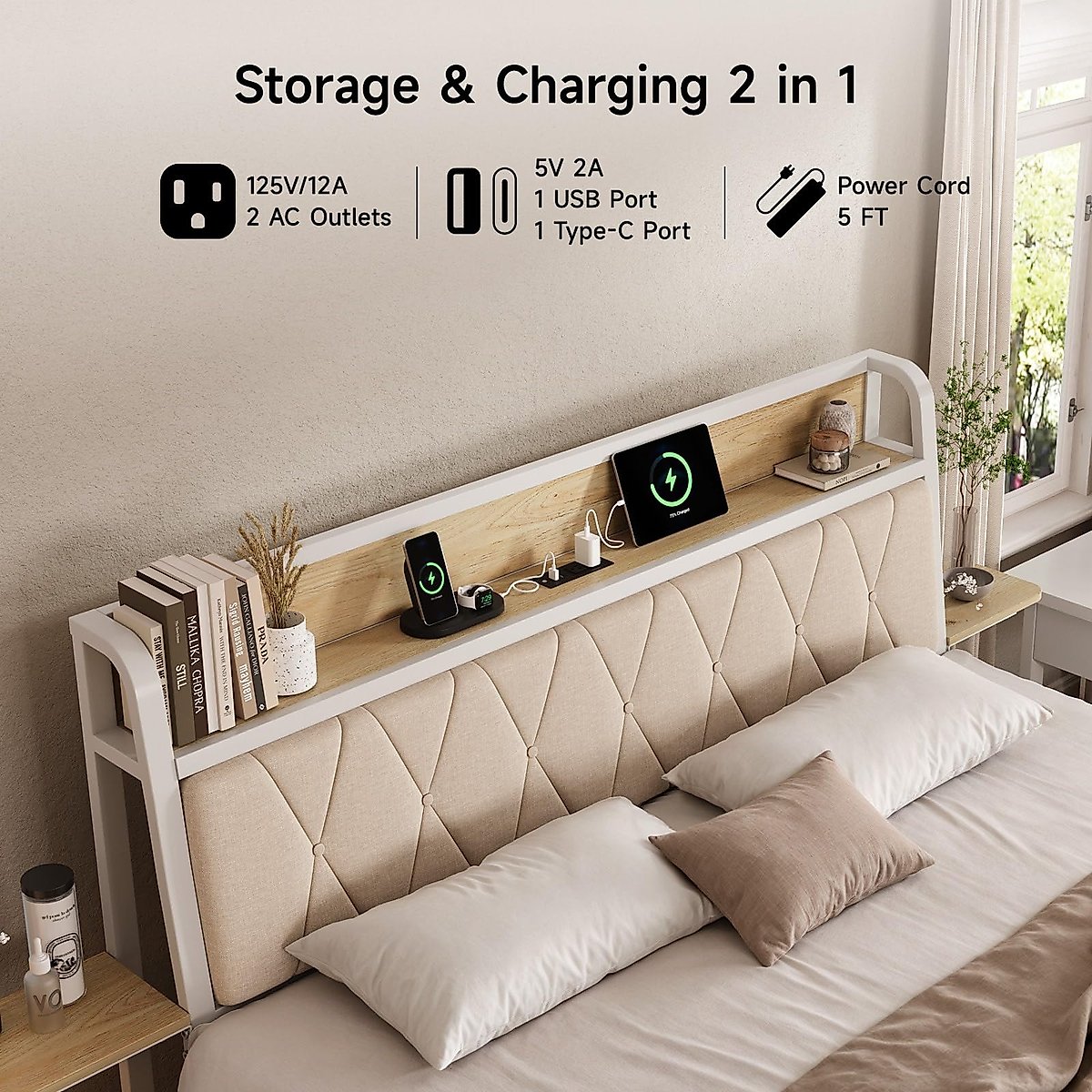 ONBRILL Queen Bed Frame with Side Storage Shelf, Ergonomic Upholstered Headboard with Charging Station, Queen Size Platform Bed Frame, Metal Slats Support, No Box Spring Needed, Easy Assembly, White