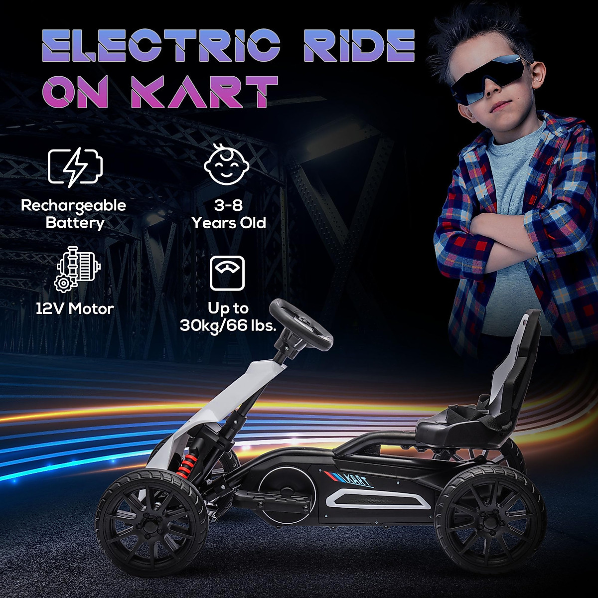 Aosom 12V Electric Go Kart for Kids, Outdoor Ride-On Toy with Forward Backward Drive & Adjustable Speed, Gift for Child 3-8 Years Old, White