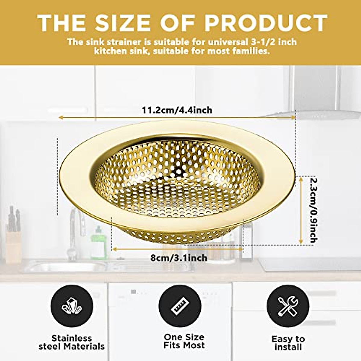 2 Pcs Sink Strainer Stainless Steel Sink Drain Basket Cover Mesh Metal Food Catcher Kitchen Sink Accessories for Hair Garbage, Large Wide Rim of 4.4 Diameter (Gold,2mm Dia Hole Style)