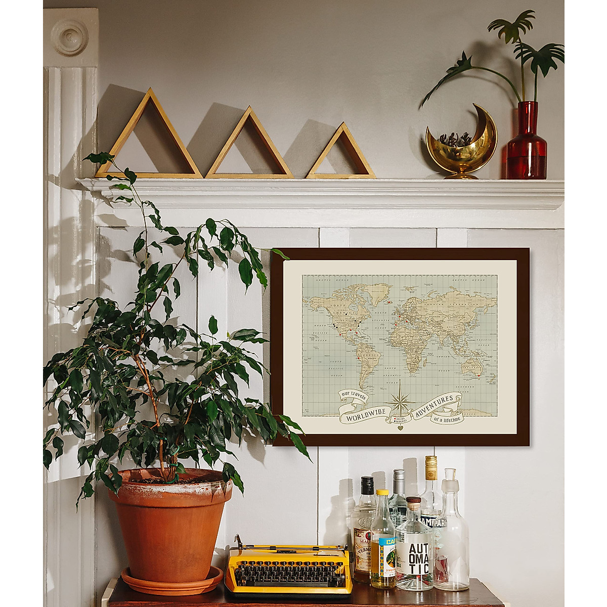 Dreams and Memories Custom World Push Pin Travel Map, World Push Pin Map with Espresso Brown Frame