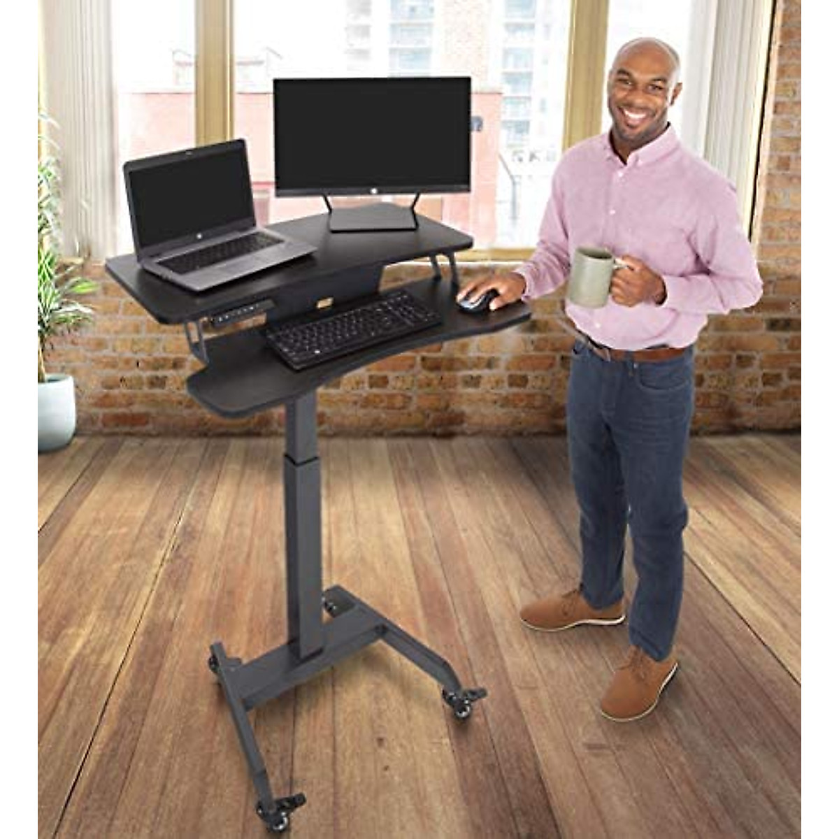 Stand Steady Cruizer Premier Rolling Electric Podium Desk - Height Adjustable, Mobile Standing Desk with Wheels, Keyboard Tray, Programmable Control, Compact Design for Office, School, Home (Black)
