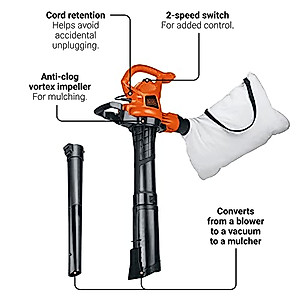 BLACK+DECKER 3-in-1 Leaf Blower, Leaf Vacuum and Mulcher, Up to 230 MPH, 12 Amp, Corded Electric (BV3600)