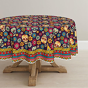 Horaldaily Dia de Muertos Tablecloth 70x70 Inch Round, Day of The Dead Mexico Sugar Skulls Washable Table Cover for Party Picnic Dinner Decor