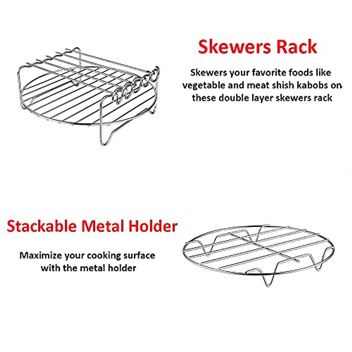 HSimple Air Fryer Rack XL Air Fryer Accessories Set Of 2, Double Layer Rack with Skewer, Stackable Metal Holder