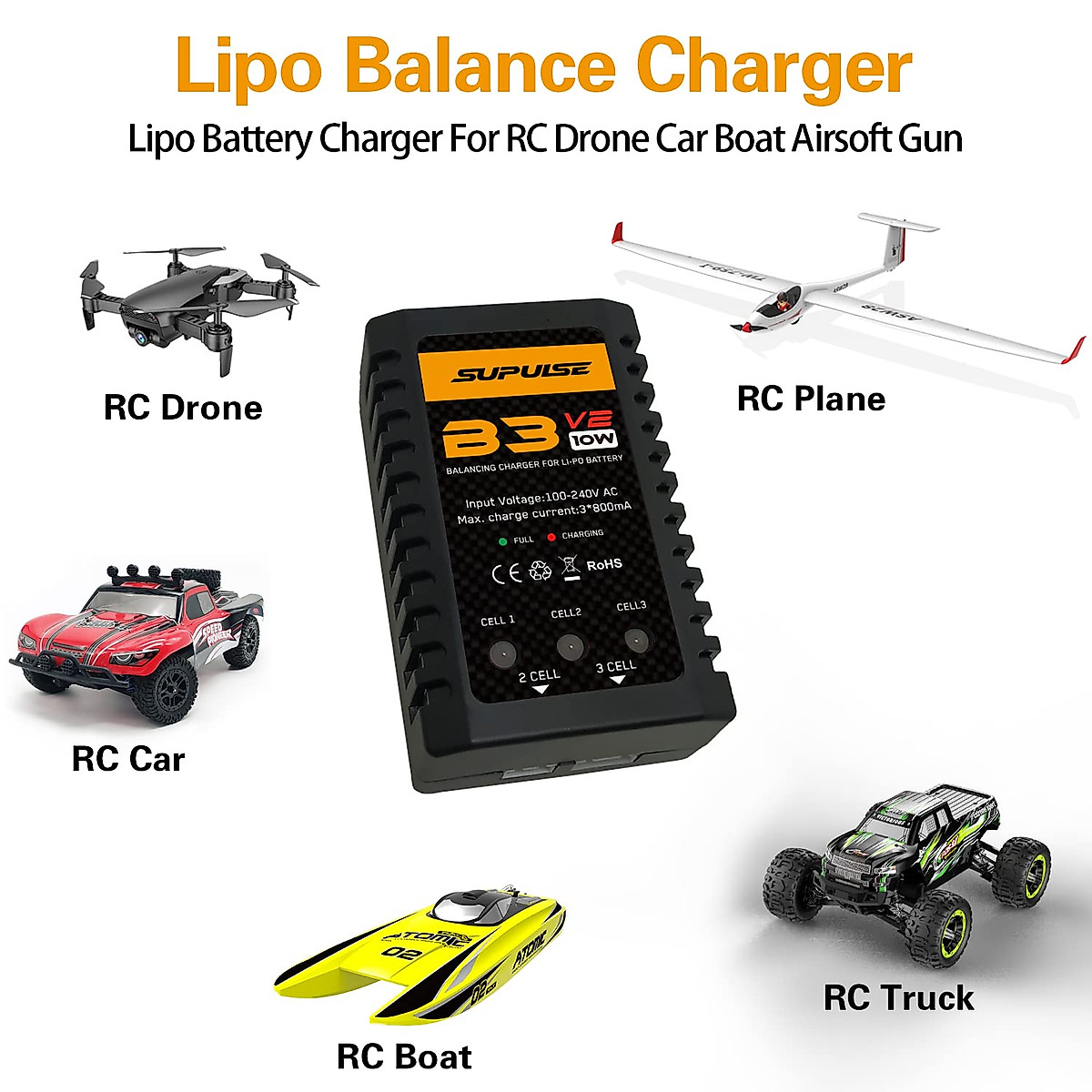 SUPULSE LiPo Battery Charger 2S-3S RC Balance Charger AC 7.4-11.1V 10W Upgrade Version Compact Lipo Charger RC Car Charger for XHR Plug Battery(B3V2)
