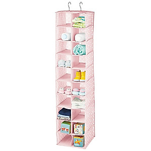 mDesign Soft Fabric Over Closet Rod Hanging Storage Organizer with 20 Shelves for Baby Room or Nursery - Tiered Hanging Organizers - Polka Dot Print - Pink/White