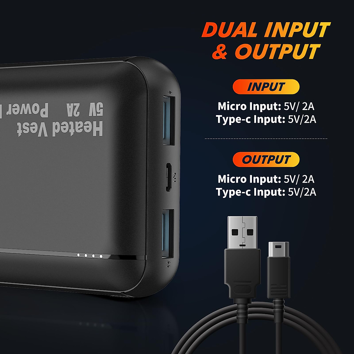 bellaciao 5v 2a Heated Vest Battery Pack 10000mah Power Bank with Dual USB Ports Pokect Size Rechargeable Portable Charger for Heated Vest Heated Jacket Heated Clothing iPhone for Men Women