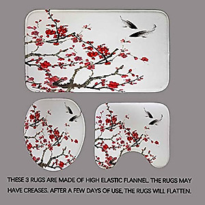 Dia Magico 4PCS Cherry Blossom Shower Curtain Set, Japanese Sakura Plum Blossom Red Flower Floral Branch Carp Koi Fish Asian Bathroom Decor, Waterproof Fabric White Shower Curtain, Non-Slip Bath Mat