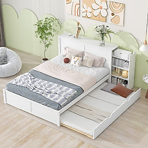 RUNNA Elegant Queen Size Platform Bed with Pull Out Shelves,Wooden Storage Bed with Twin Size Trundle,for Kids Teens Adults Bedroom Use (White#n, Queen)