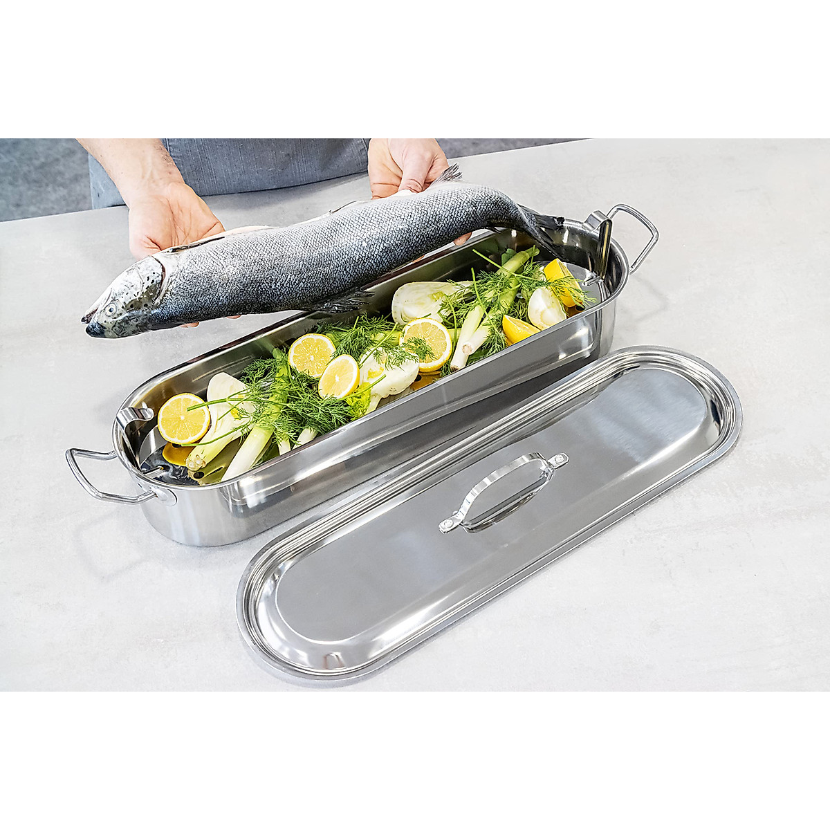 KitchenCraft Fish Kettle, Stainless Steel Induction, Polished, Large, 61.5 x 18.5 x 10.5cm, Silver