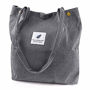 Corduroy Tote Bag for Women Girl Canvas Shoulder Cord Purse with Inner Pocket For Work Beach Lunch Travel School Shopping (Dark Grey)