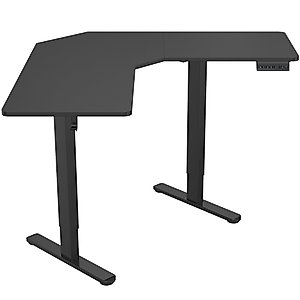 Mount-It! Electric Height Adjustable Corner Stand Up Desk, Black Steel Frame L-Shaped Standing Workstation for Corners, Automatic Sit Stand Desk, Smoothly Raises from 28.3" to 47.2", Home Office