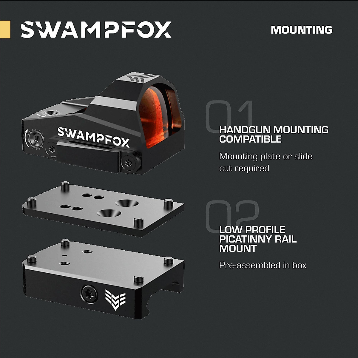 Swampfox Kingslayer RMR Footprint 1x22 Pistol Dot Sight, Green Circle Dot