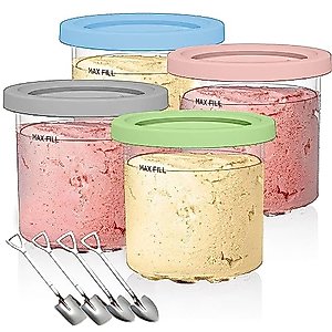 BBAUER Ice Cream Pints Containers 4 Pack for Ninja Creami Pint Containers,Compatible with NC301 NC300 NC299AMZ Series Ice Cream Maker,16oz Cup,with 4 PC Spoons,Gray/Blue/Pink/Green Lids