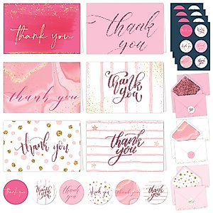 Decorably Thank You Cards with Envelopes & Stickers, Glittery Cards - 24 Pack Thank You Cards Pink Thank You Cards with Envelopes Pink, Blank Inside Pink Thank You Notes, 6x4in Thank You Notes Pink