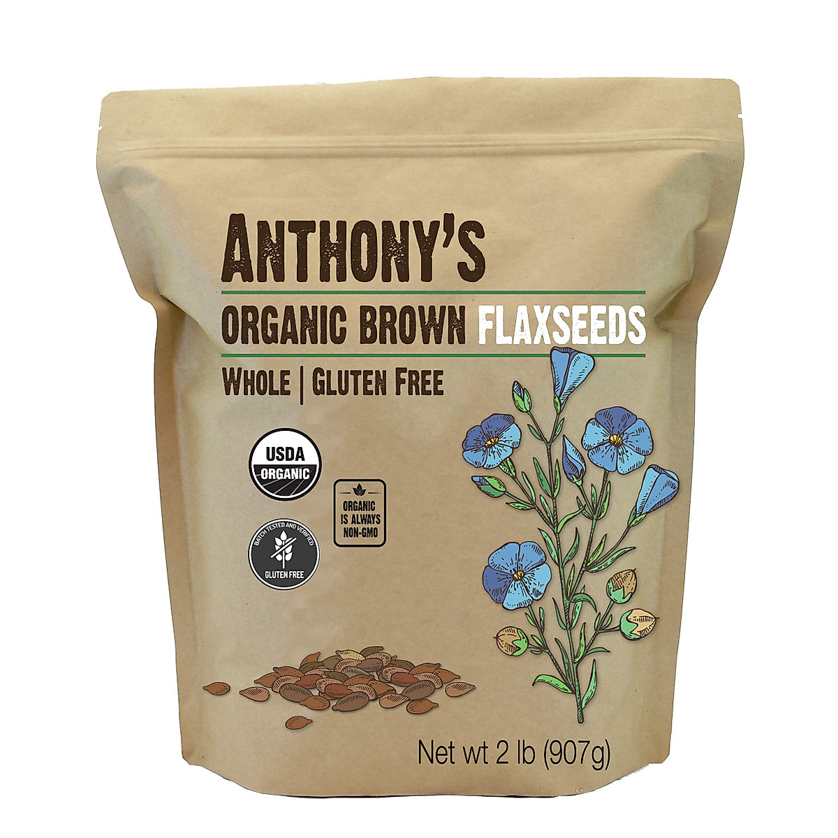 Anthony's Organic Brown Whole Flaxseed, 2 lb, Batch Tested and Gluten Free, Raw, Non GMO, Sproutable, Keto Friendly
