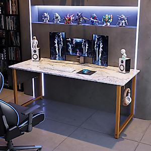 ODK Computer Desk Large Office Desk, 63 Inch Gaming Desk with Storage, Modern PC Desk Work Table with Headphone Hook for Home Office, Spliced Board, White + White Leg