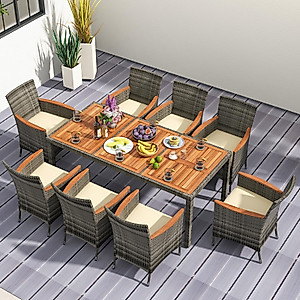 HAPPYGRILL 9 Pieces Outdoor Dining Set, Acacia Wood and Rattan Furniture Set with 1 Large Rectangular Table and 8 Chairs with Cushions, Patio Wicker Dining Table and Chairs Set