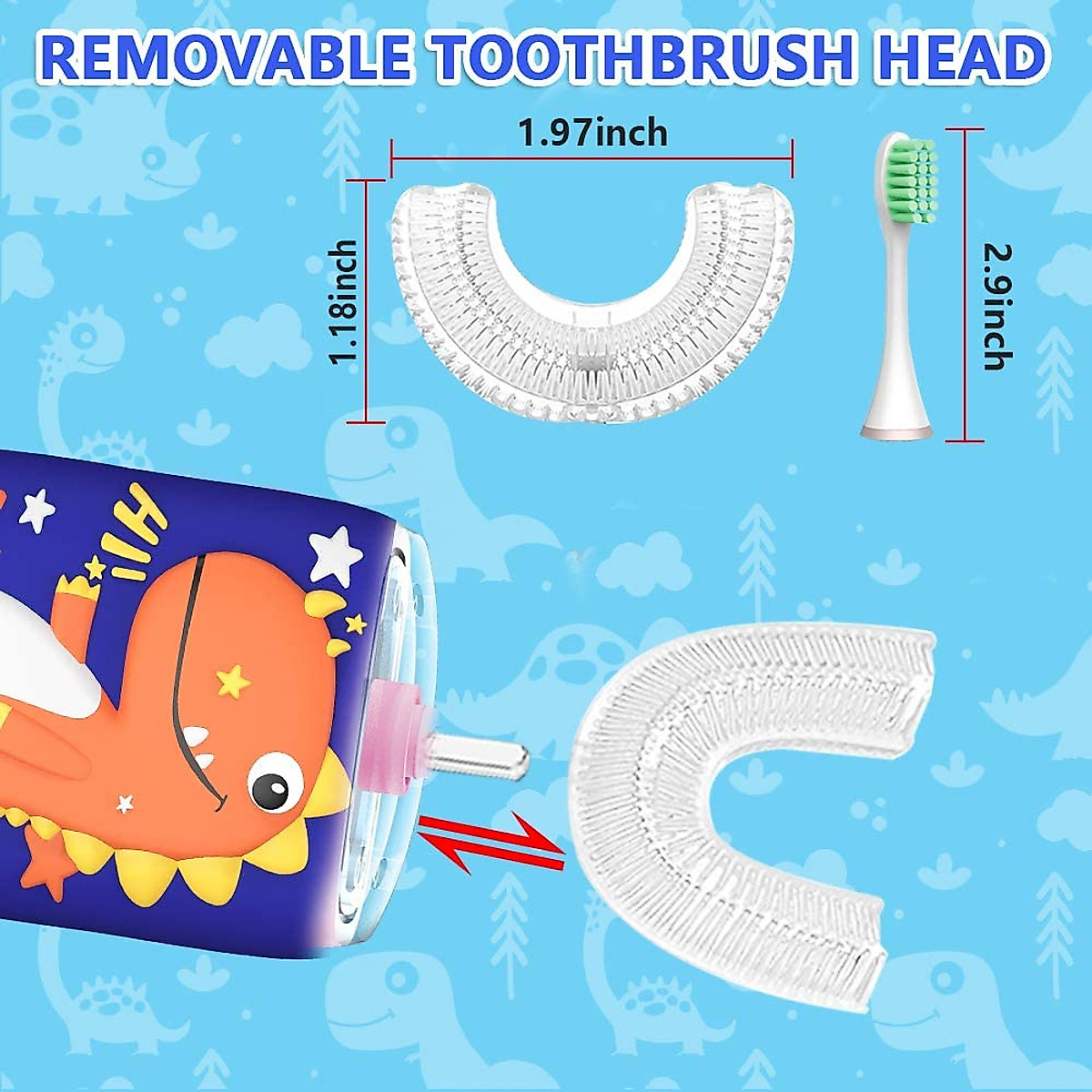 Kids Electric Toothbrush U Shape Dinosaur Ultrasonic Automatic Toothbrush with Replacement Soft Bristles Heads Six Modes 360°Oral Cleaning IPX7 Waterproof Smart Rechargeable Toothbrush (3. Orange)