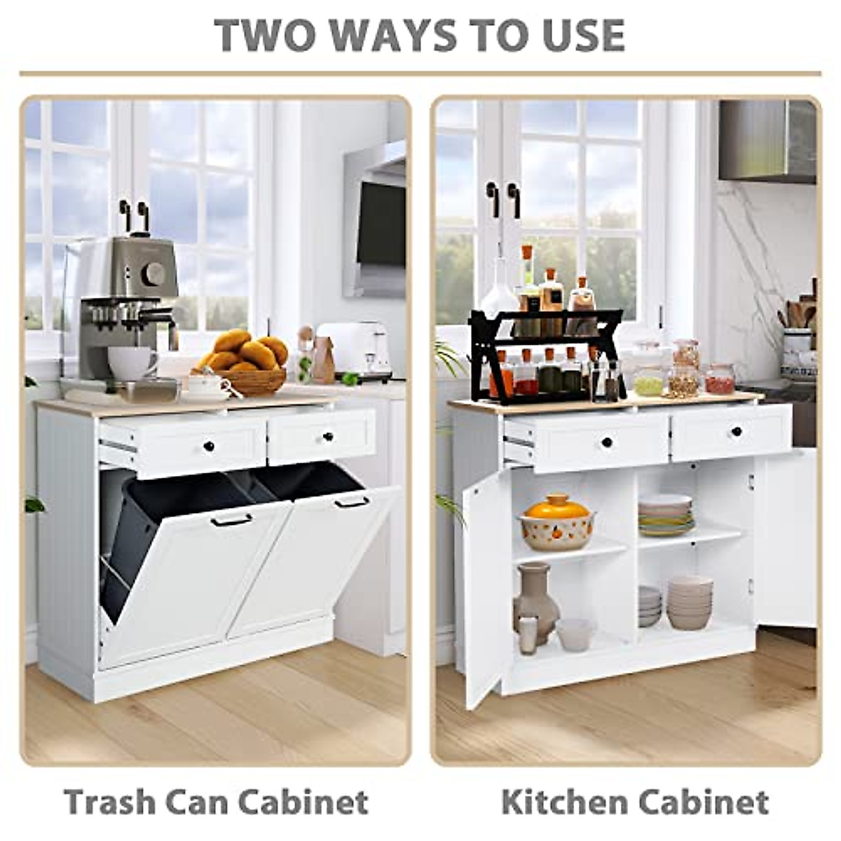 okcomuy Tilt Out Trash Bin Cabinet Free Standing Recycling Cabinet with Drawers, Dog Proof Trash Can Holder 20 Gallon Kitchen Wooden Trash Can with Storage