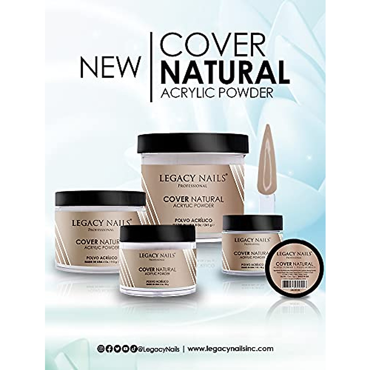 Legacy Nails Professional Cover NATURAL Acrylic Powder, 2 ounces - Ideal For French Nail Art, Full Coverage, Blending, Healthy Look Nail Extensions