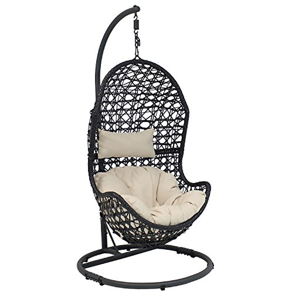 Sunnydaze Cordelia Hanging Egg Chair with Steel Stand Set - Resin Wicker - Outdoor Large Basket Design Patio Lounge Chair - Includes Beige Cushion and Headrest