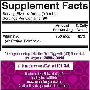 MaryRuth’s USDA Organic Vitamin A Liquid Drops | 3 Month Supply | Immune Support, Eye Health, Skin Health for Ages 14+ | 750mcg per Serving | Sugar Free | Vegan | Non-GMO | Gluten Free | 1oz