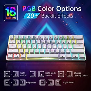 targeal 60% Mechanical Gaming Keyboard - 61 Keys Gateron Red Switch Quiet Office Computer Keyboard - Multi Color RGB Rainbow Led Backlit - Programmable for PC/Windows/Mac/Gamer - USB Wired - White