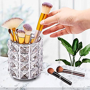 Tasybox Crystal Makeup Brush Holder Organizer, Handcrafted Cosmetics Brushes Cup Storage Solution (Silver)