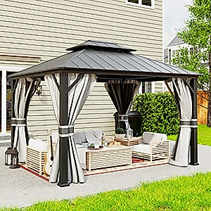 Amopatio 10' X 12' Hardtop Gazebo,Galvanized Steel Double Roof Permanent Aluminum Gazebos with Curtains & Mosquito Netting for Patio, Lawn and Garden,Grey