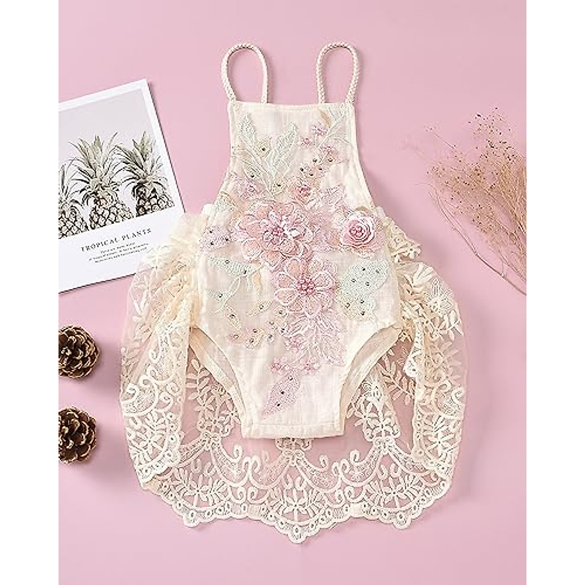 Easisim Newborn Infant Baby Girl Clothes Lace Embroidery Halter Backless Romper Jumpsuit Bodysuit Outfits (Beige,12-18 Months)