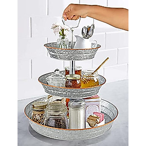 HOME-X Galvanized 3-Tier Stand, Rustic Home Decor, Farmhouse Kitchen Tray, Metal Fruit Stand and Dessert Stand, Tier Party Serving Tray, 17" D x 19 ½” H, Silver