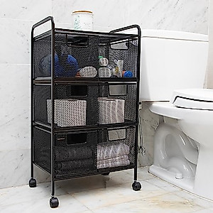 Mind Reader Cart with Drawers, Laundry Organizer, Utility Cart, Bathroom, Kitchen, Metal Mesh, 16"L x 11"W x 29"H, Black