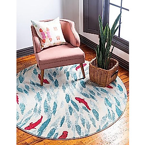 Unique Loom Positano Collection Coastal Modern Bright Colors Fish Beige Round Rug (6' x 6')
