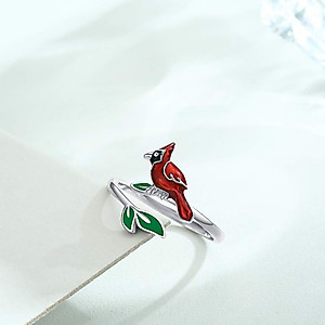JUSTKIDSTOY Cardinal Rings 925 Sterling Silver Cute Red Bird Adjustable Open Ring Jewelry Memorial Gifts for Women Mother