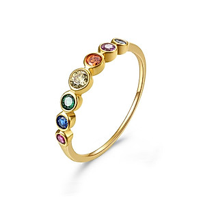E Gold Ring for Women Rainbow Eternity Jewelry Rings Band Colorful Round Cubic Zirconia CZ Wedding Rings Dainty 14K Gold Rings for Women (round cz,6)