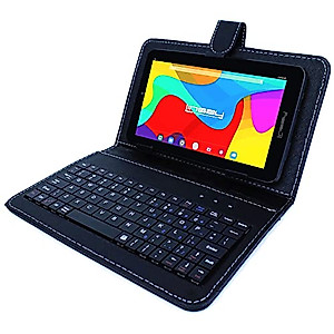 LINSAY 7" 2GB RAM 32GB Storage Android 12 Tablet with Black Leather Keyboard, Pop Holder and Pen Stylus