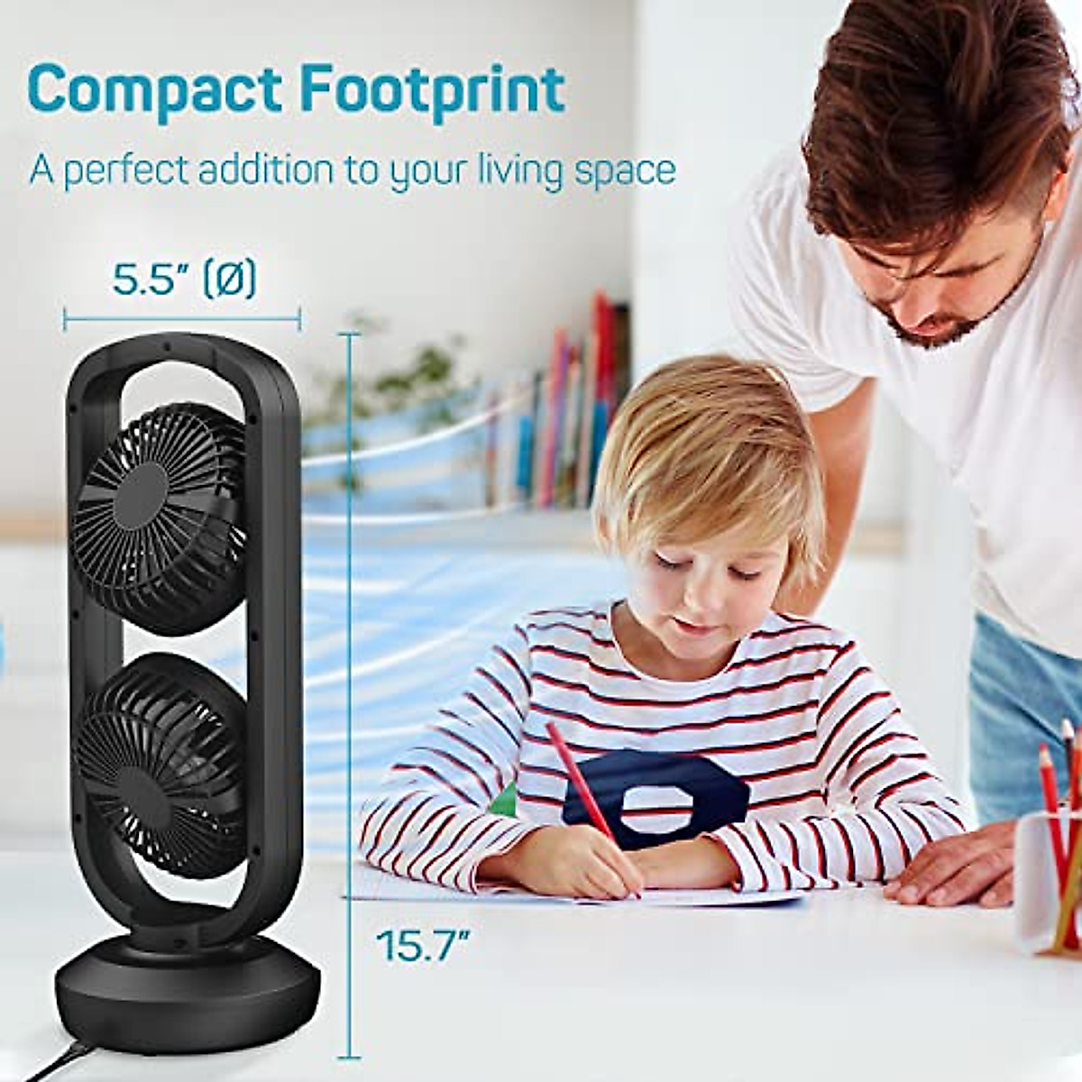 Dr. Prepare Tower Desk Fan, Portable USB Oscillating Fan with 270° Tilt, 105° Oscillation, 3 Speeds, 3 Auto-Off Timer, Small Table Fan for Bedroom, Office, Dorm and Home, Powerful Airflow, 15 inch