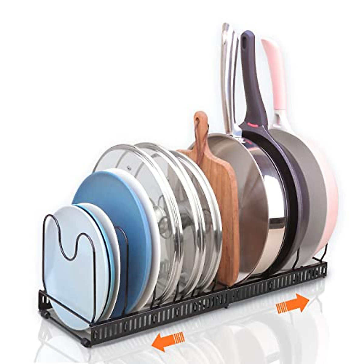 Daddynme Expandable Pot and Pan Organizers Rack, 10+ Pans and Pots Lid Organizer Rack Holder, Kitchen Cabinet Pantry Bakeware Organizer Rack Holder with 10 Adjustable Compartments