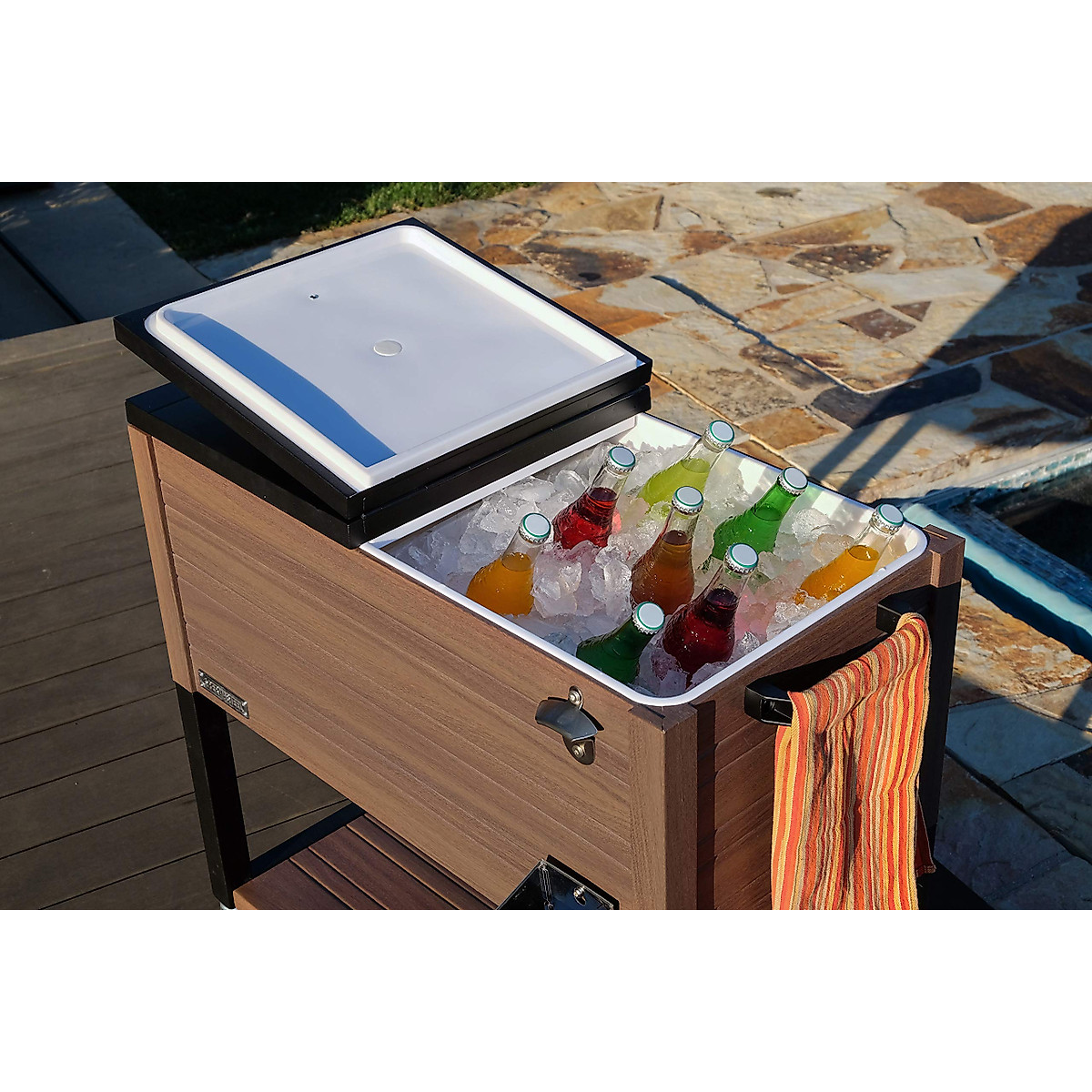 Permasteel 80-Quart Outdoor Patio Cooler with Wheels | Beverage Rolling Cooler for Backyard Deck, PS-A205-80QT-BR, Wood Grain Accent, Brown