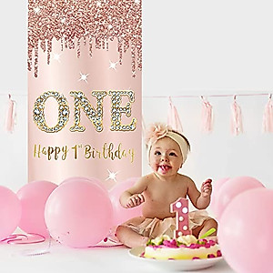 Happy 1st Birthday Door Banner Decorations for Baby Girls, Pink Rose Gold First Birthday Party Door Cover Backdrop Supplies, One Year Old Birthday Poster Sign Photo Booth Props Decor
