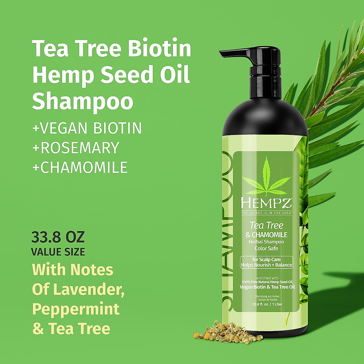 Hempz Biotin Hair Shampoo - Tea Tree & Chamomile - For Scalp Care Hair Growth & Strengthening of Dry, Damaged and Color Treated Hair, Hydrating, Softening, Moisturizing - 33.8 Fl OZ